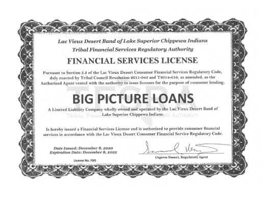 Big Picture Loans TFSRA Lending License